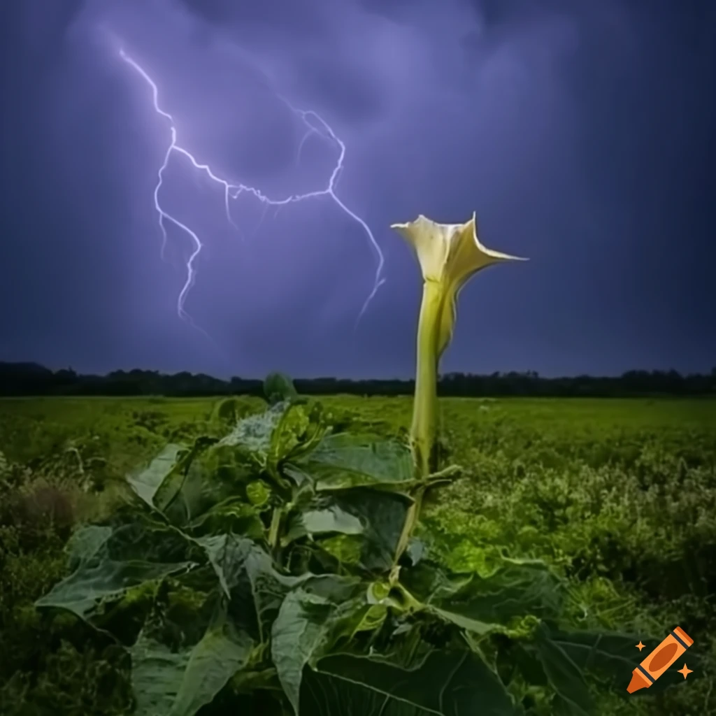 Datura flower field during a thunderstorm on Craiyon
