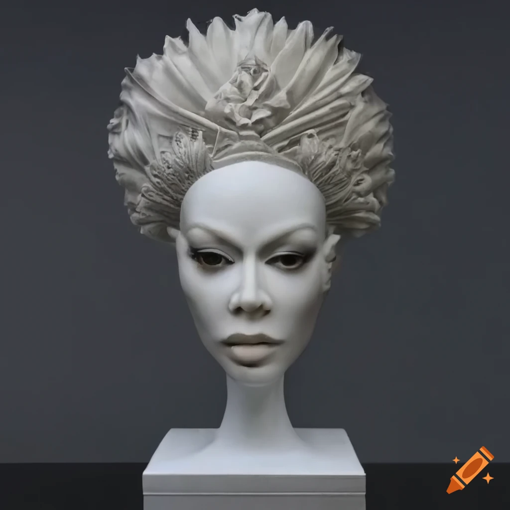 Antique style marble bust of RuPaul with a science-fiction headdress on ...
