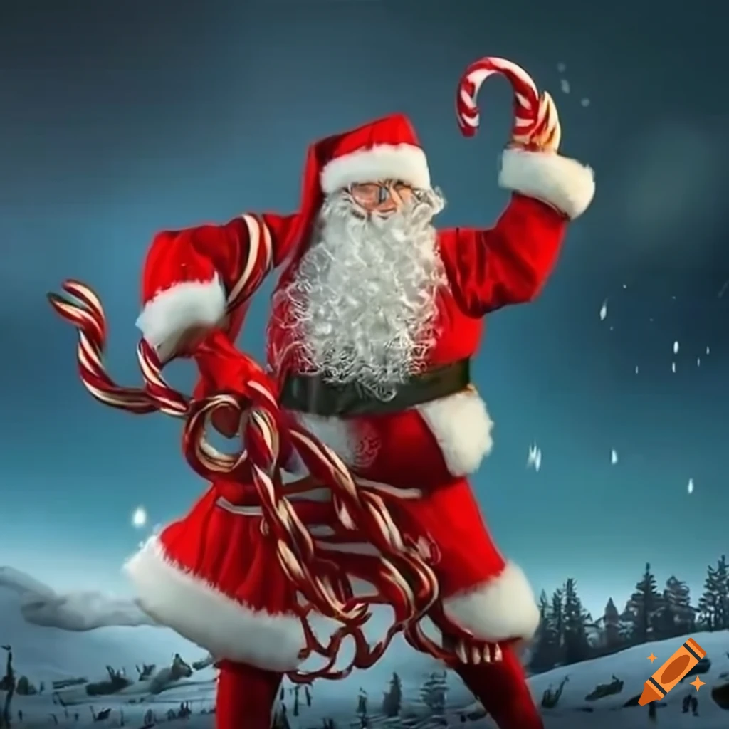 Festive scene of Santa attacking elves with a giant candy cane as ...