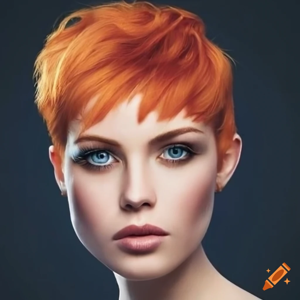Beautiful 25-year-old woman with blue skin, orange pixie cut hair, and red eyes on Craiyon