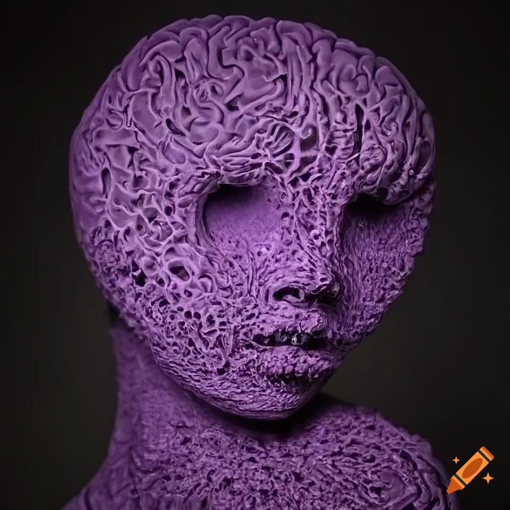 Purple moss-covered di-biomorphic brain-like sculpture on Craiyon