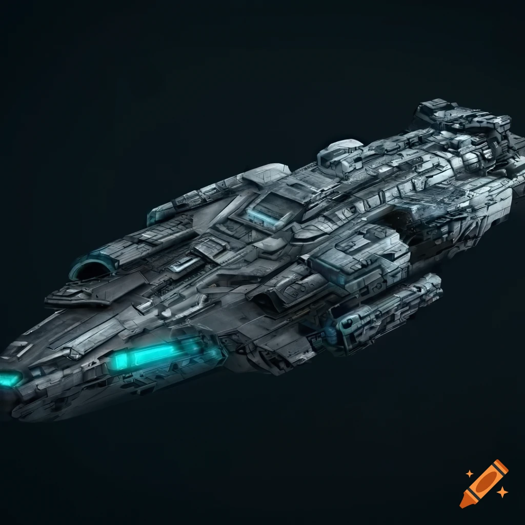 Realistic combat spaceship with heavy armor plates and afterburners on ...