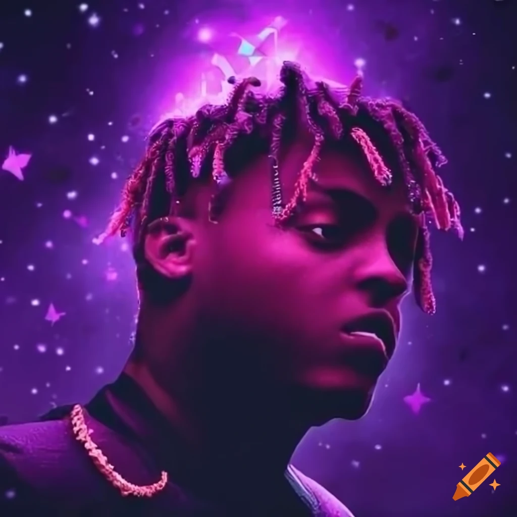 Portrait of juice wrld with purple background and stars on Craiyon