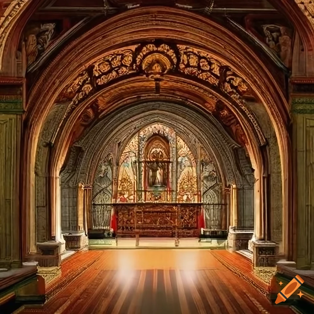 Grand and solemn council chamber with intricate stonework and high ...