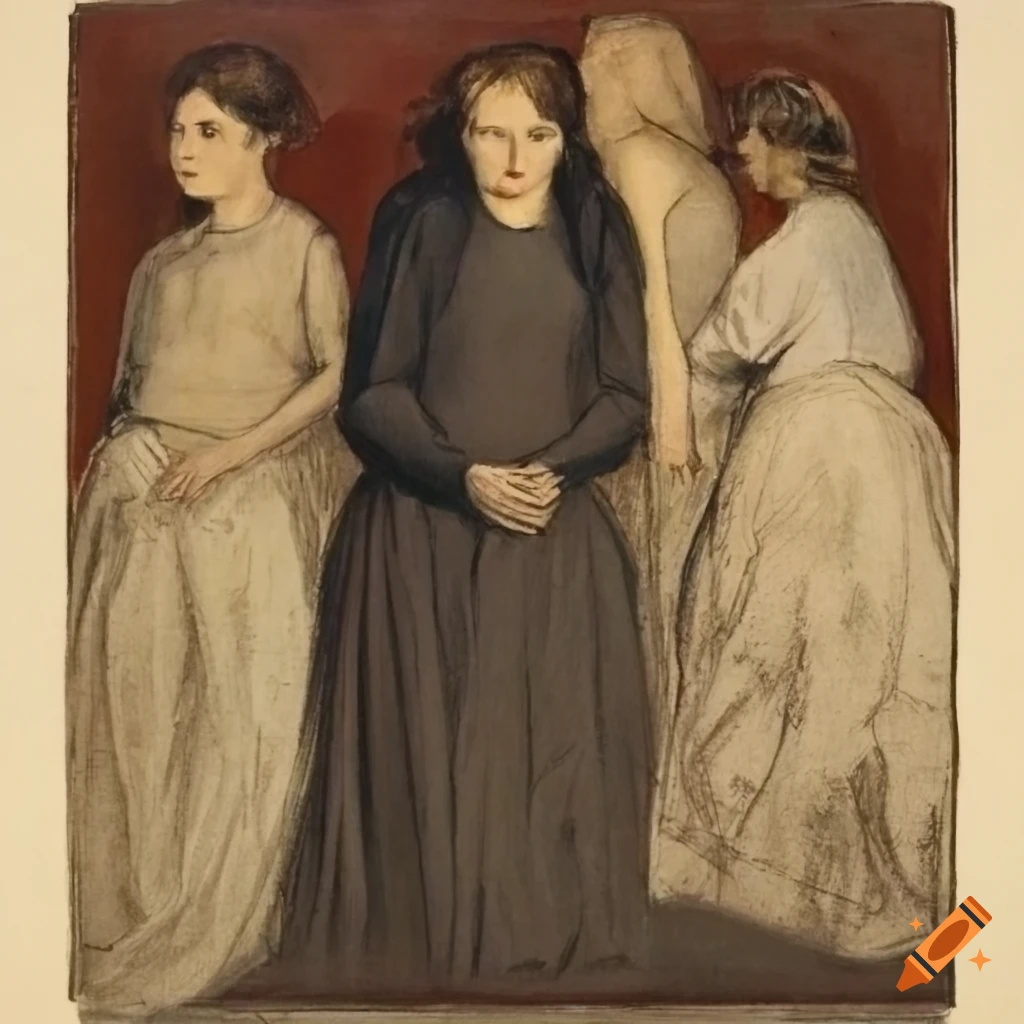 Full Body View Of Pre Raphaelite Young Ladies With Long Hair In The Style Of Fra Bartolomeo