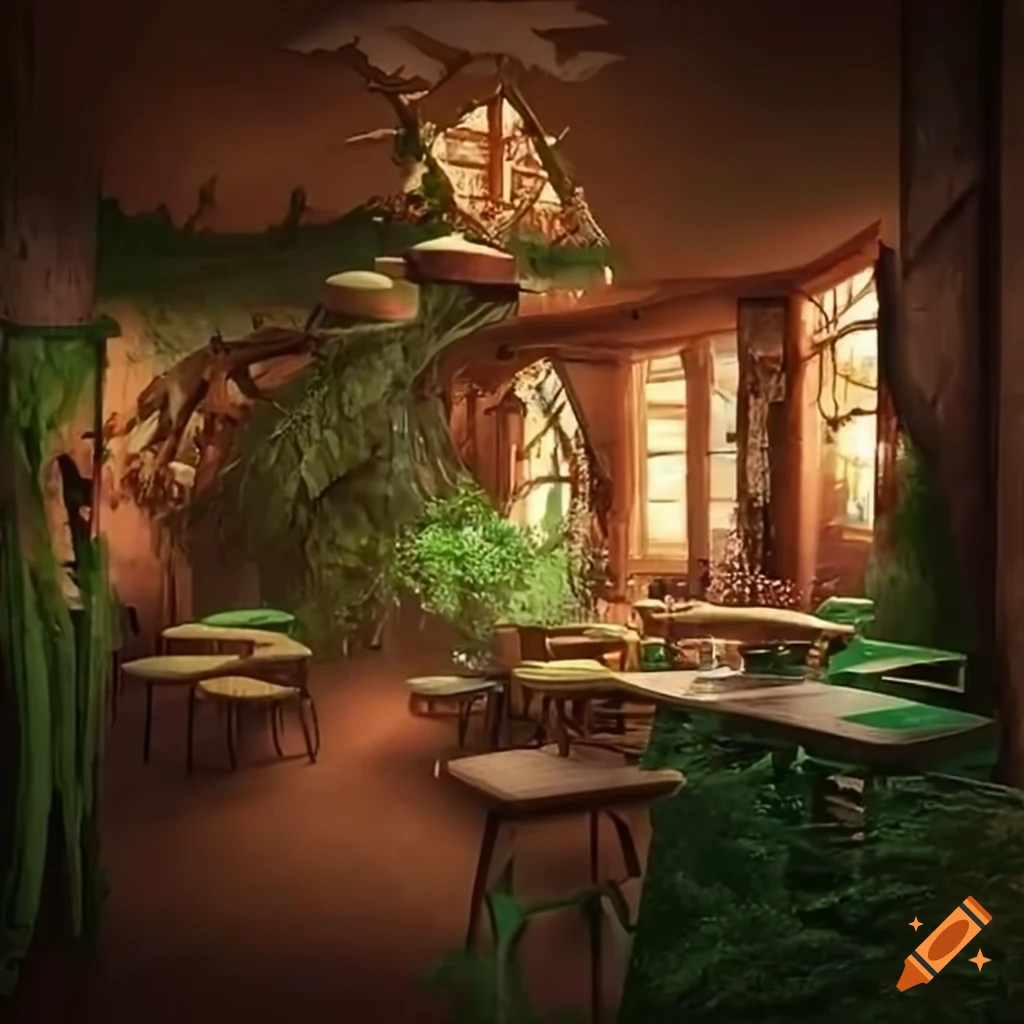 Cozy forest-inspired cafe setting on Craiyon