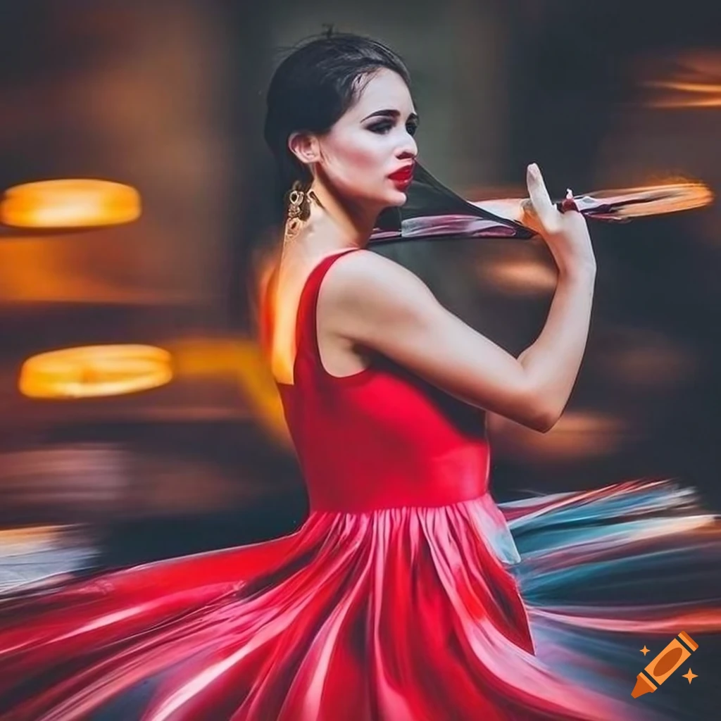 Breathtakingly beautiful feminine dancer twirling in a red summer dress ...