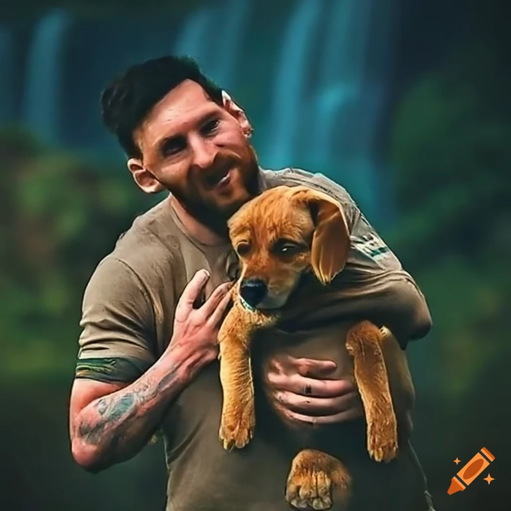 Lionel messi playing with a furry friend at iguazu falls on Craiyon