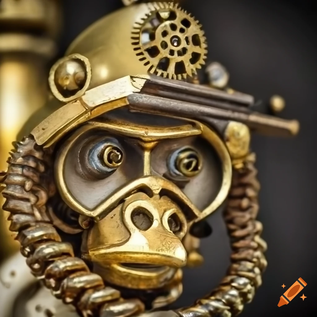 Steampunk brass monkey holding a gun viewed from below on Craiyon