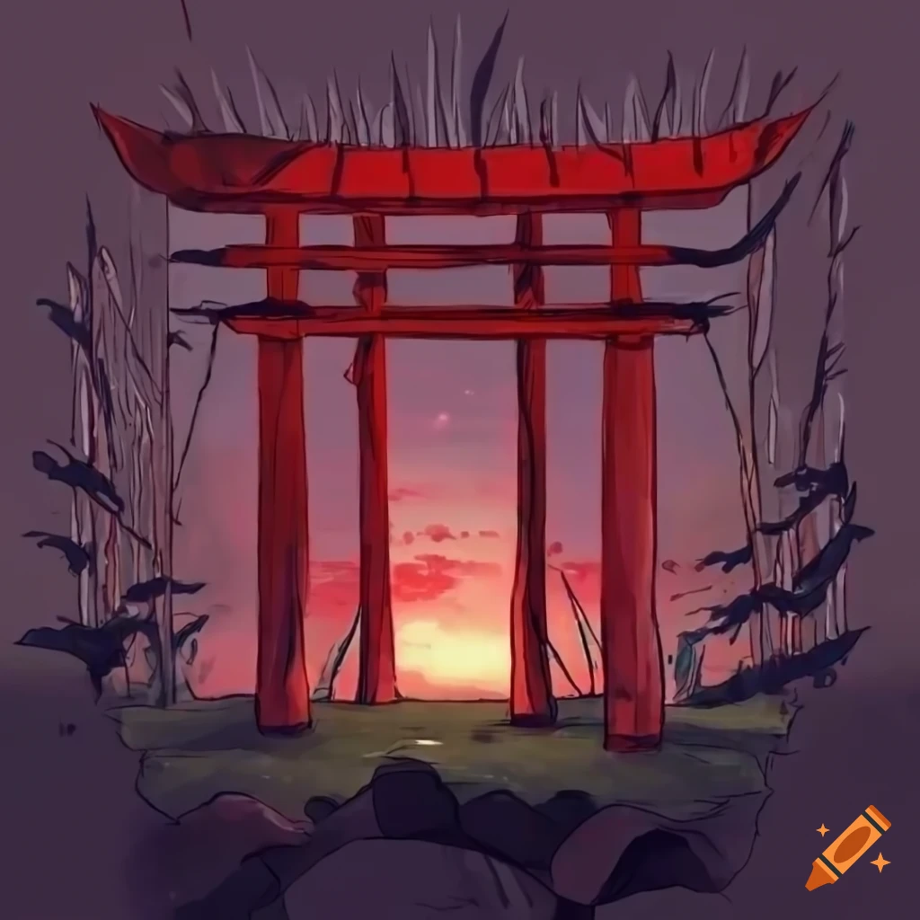 Anime manga style landscape with a red japanese arch in a forest ...