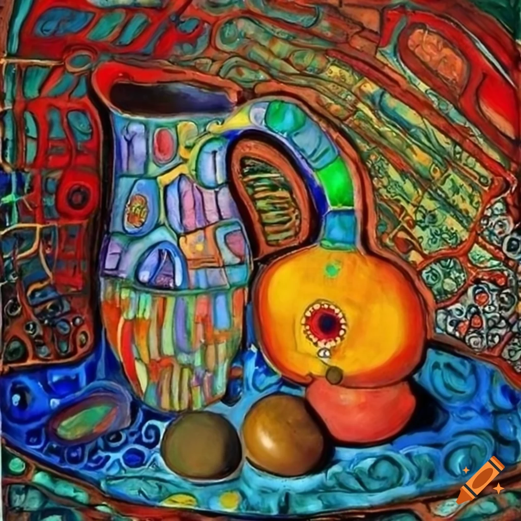 Intricate enamel painting still life with gauguin and hundertwasser ...