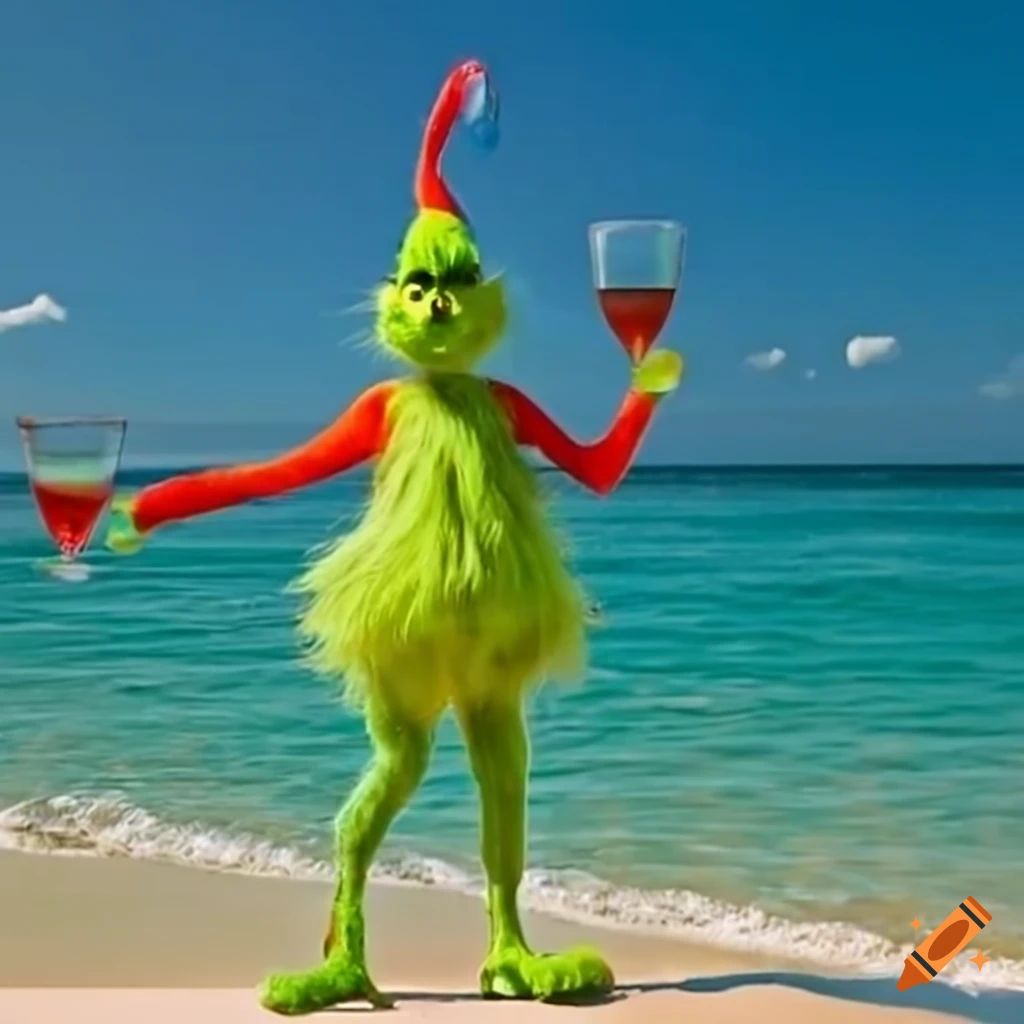 The grinch enjoying a cocktail on a paradise beach on Craiyon
