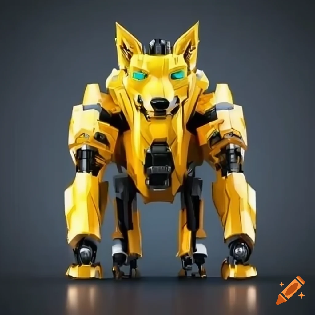 Yellow amarok wolf zord robot with a long tail in front view on Craiyon