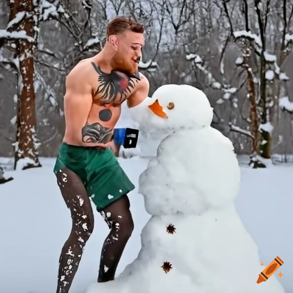 Mma fighter battling a snowman in a winter scene on Craiyon