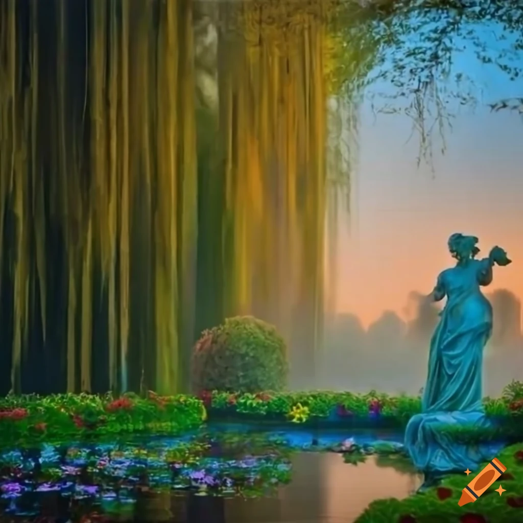 Monet victorian garden with angel statues picking flowers, pond, and ...