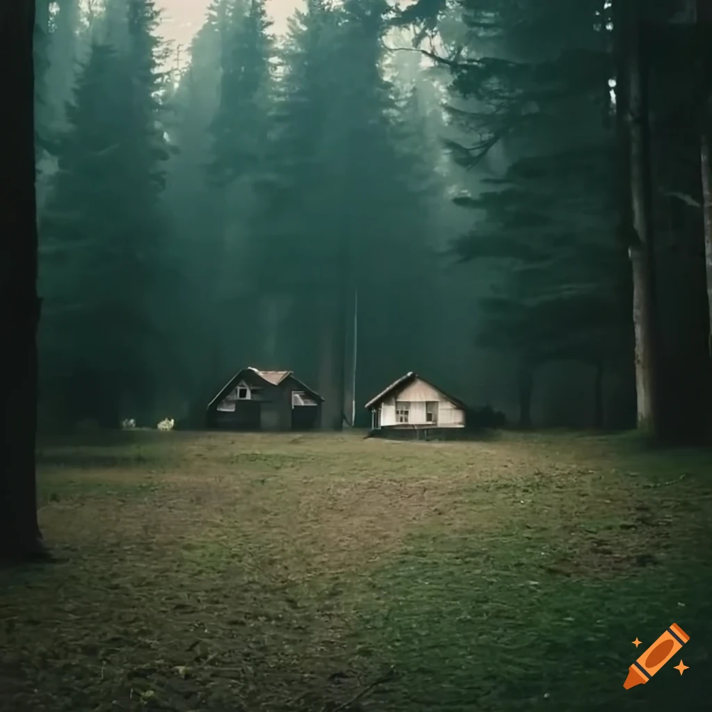 Misty forest with row of log cabins in the daytime on Craiyon