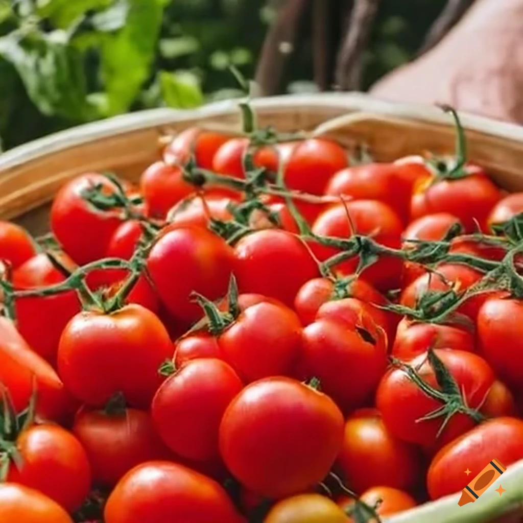 Harvesting ripe red tomatoes in the early morning light on Craiyon