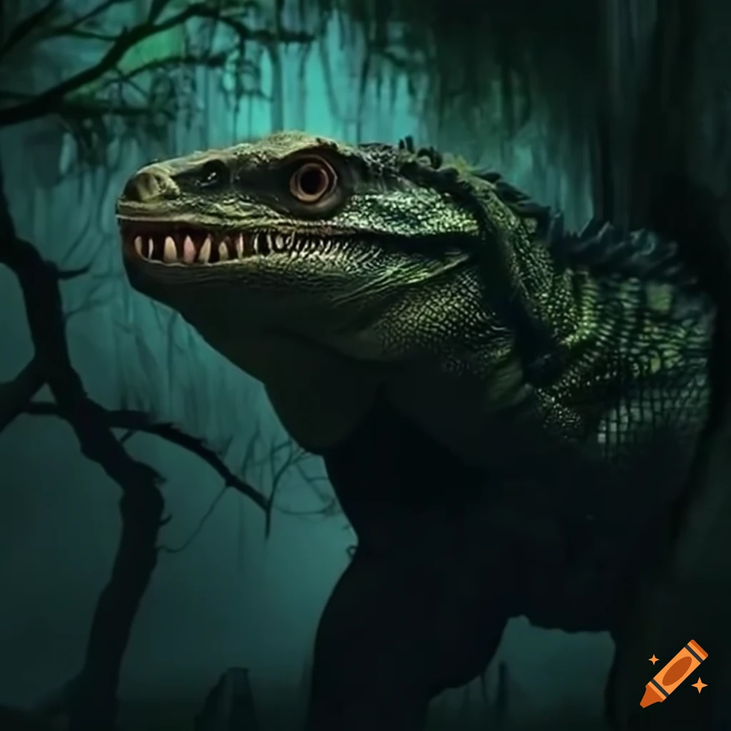Giant lizard monster lurking in the night among trees on Craiyon