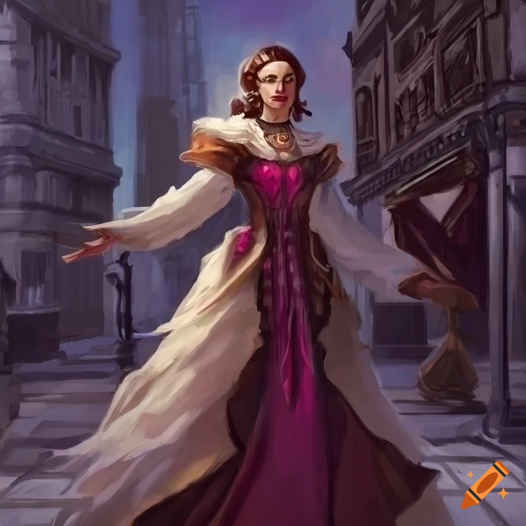 Noble lady walking in a city in mtg art style on Craiyon
