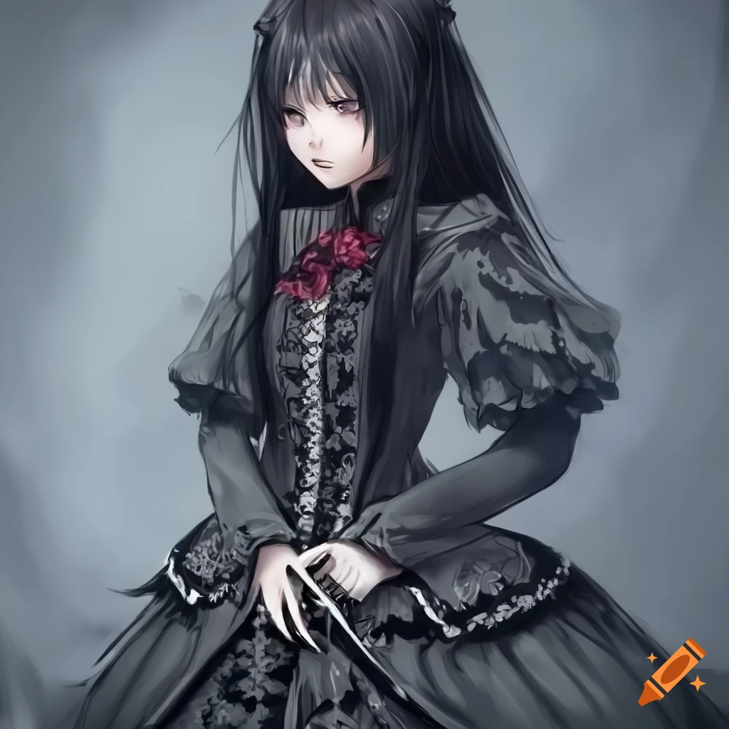 Anime girl with long black hair wearing victorian gothic style clothing ...