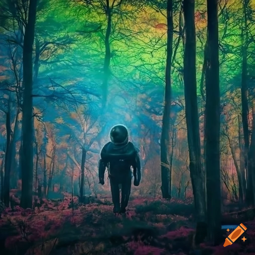 Astronaut exploring a rainbow-colored otherworldly forest on Craiyon
