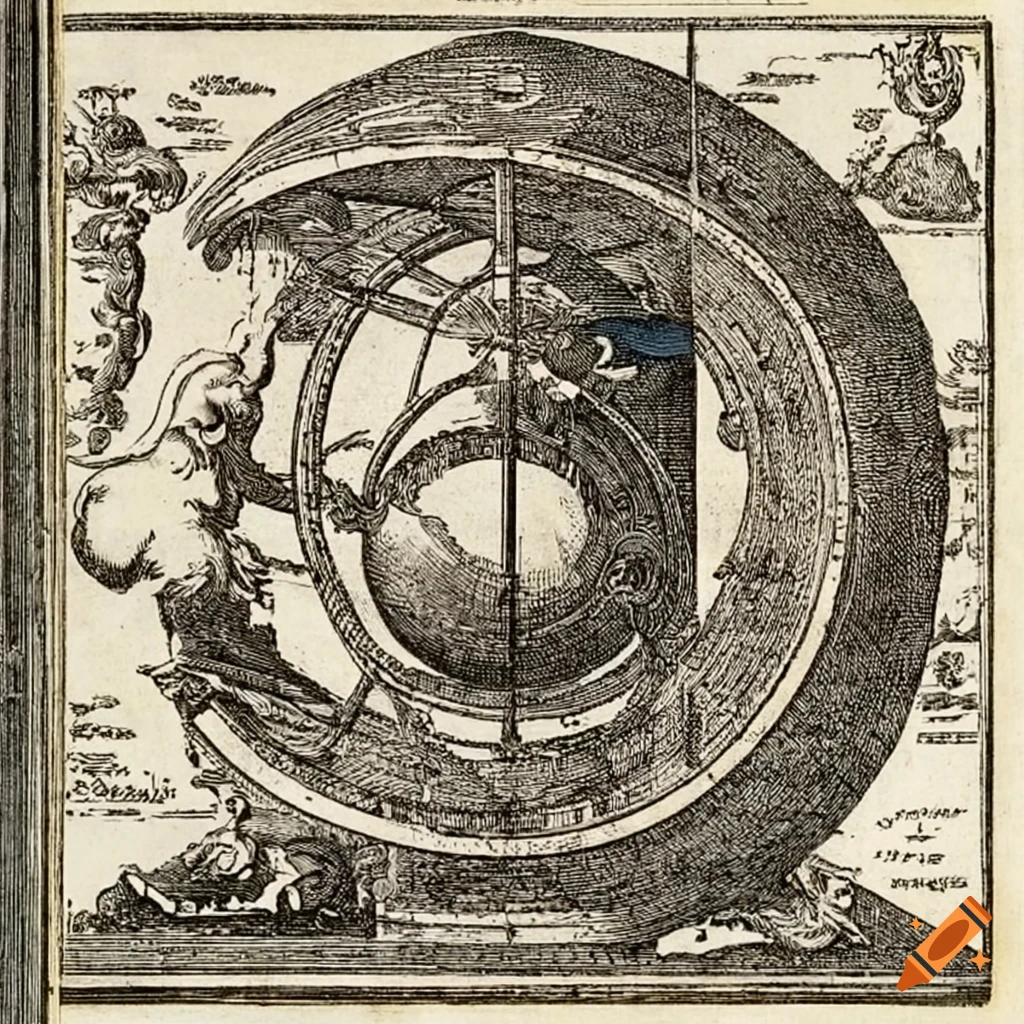 Engraving of sputnik orbiting alchemy by Athanasius Kircher on Craiyon