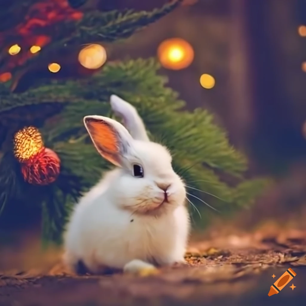 Fluffy bunny under a christmas tree in the forest on Craiyon