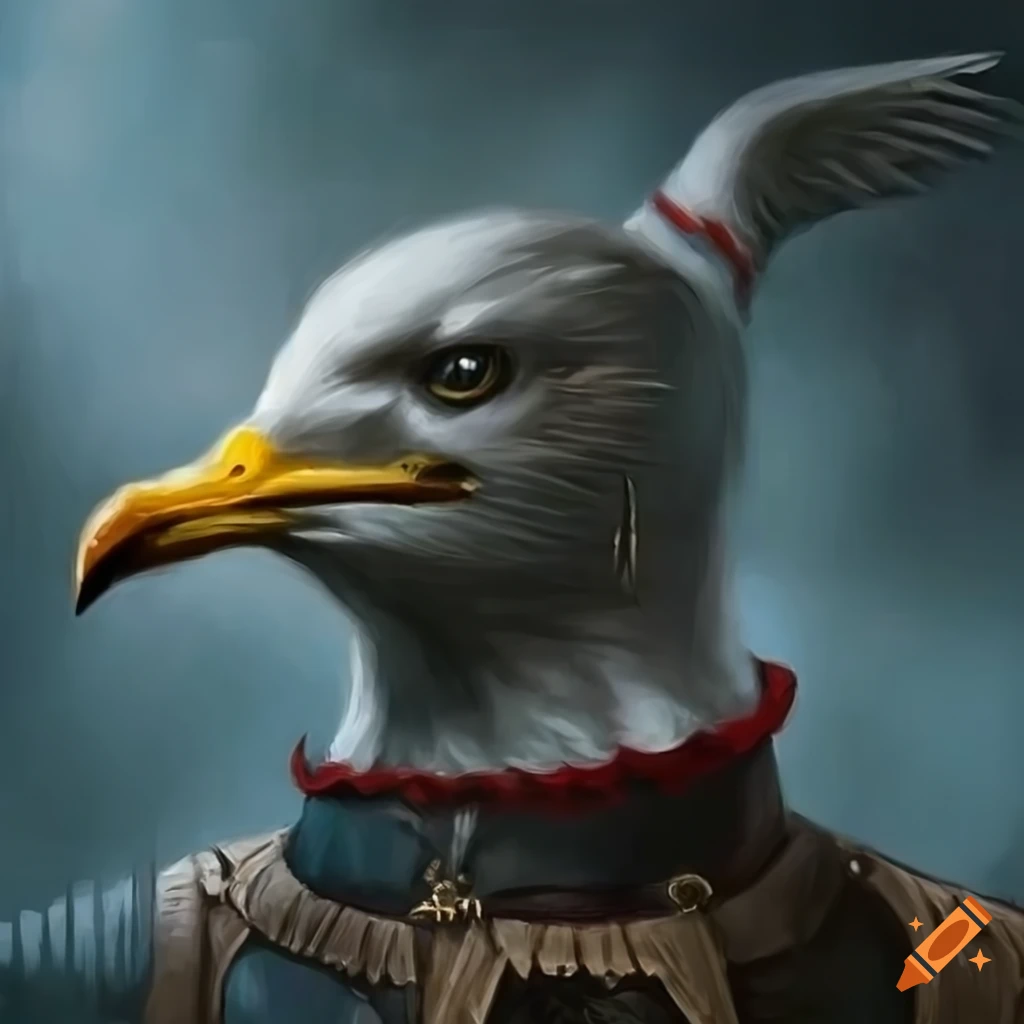 Anthropomorphic seagull in medieval armor with magical great sword on ...