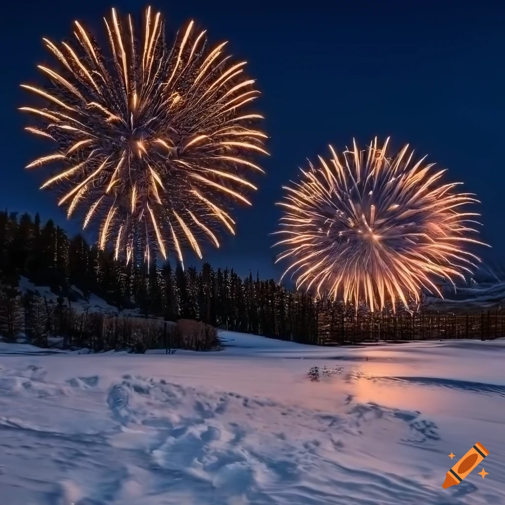 Fireworks over a snowy landscape at night on Craiyon
