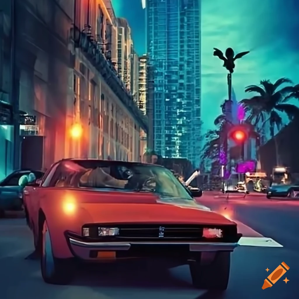 Miami vice night driving scene with a gorilla driver and a giant ...