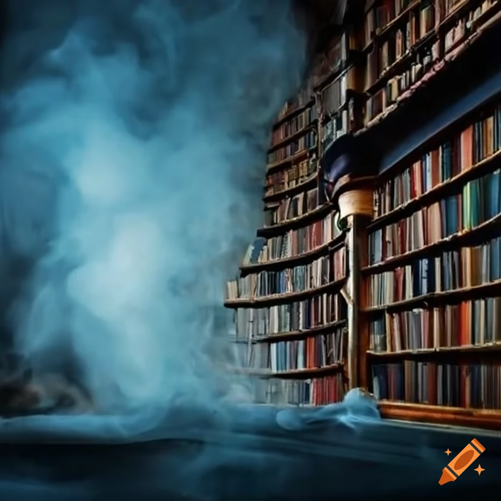 Vast library filled with books and smoke on Craiyon