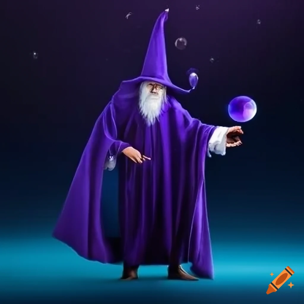 Old wizard with purple cloak holding a bubble on Craiyon