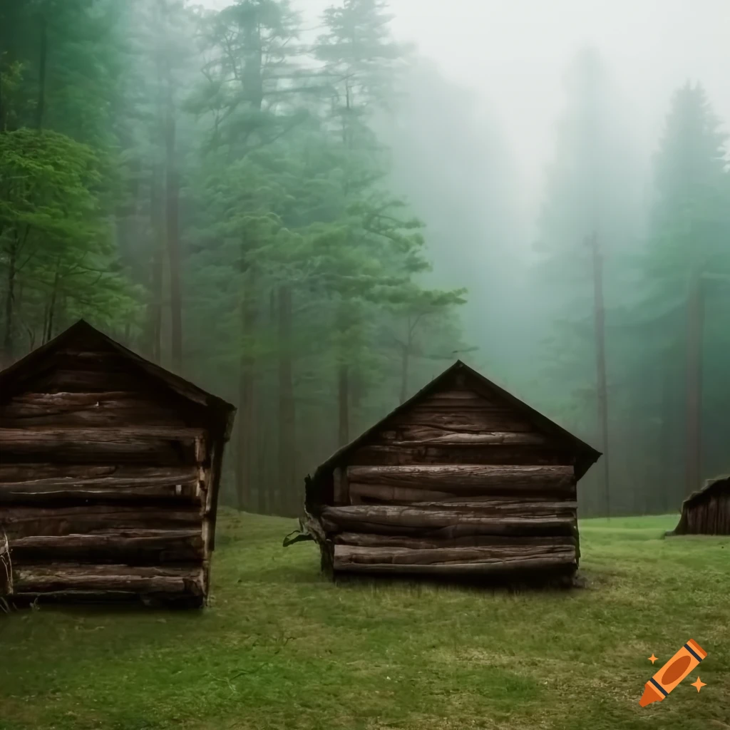 Row of log cabins with misty forest in the background on Craiyon