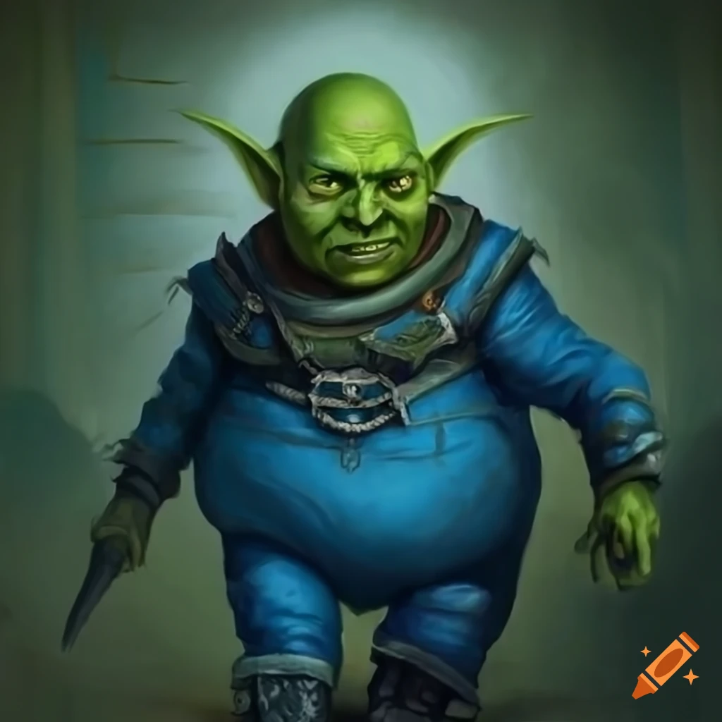 Green-skinned goblin in a military jumpsuit walking in a spaceship ...