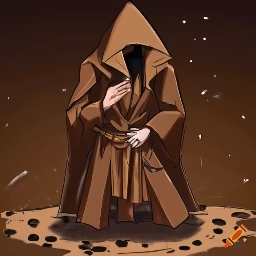 Hooded wizard in brown robes standing in a mud puddle with a mud tower ...