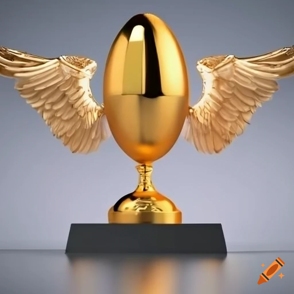 Golden egg trophy with wings and name plaque on Craiyon