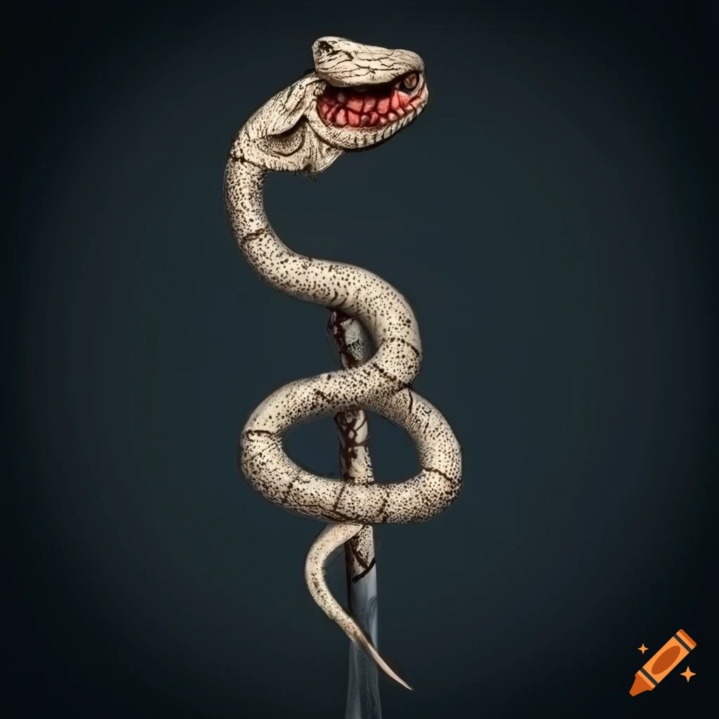 Snake coiled around sword on dark background in tim burton style on Craiyon