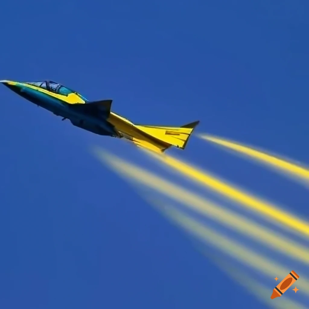 Blue and yellow 16 fighter jet with sparkling rays on Craiyon