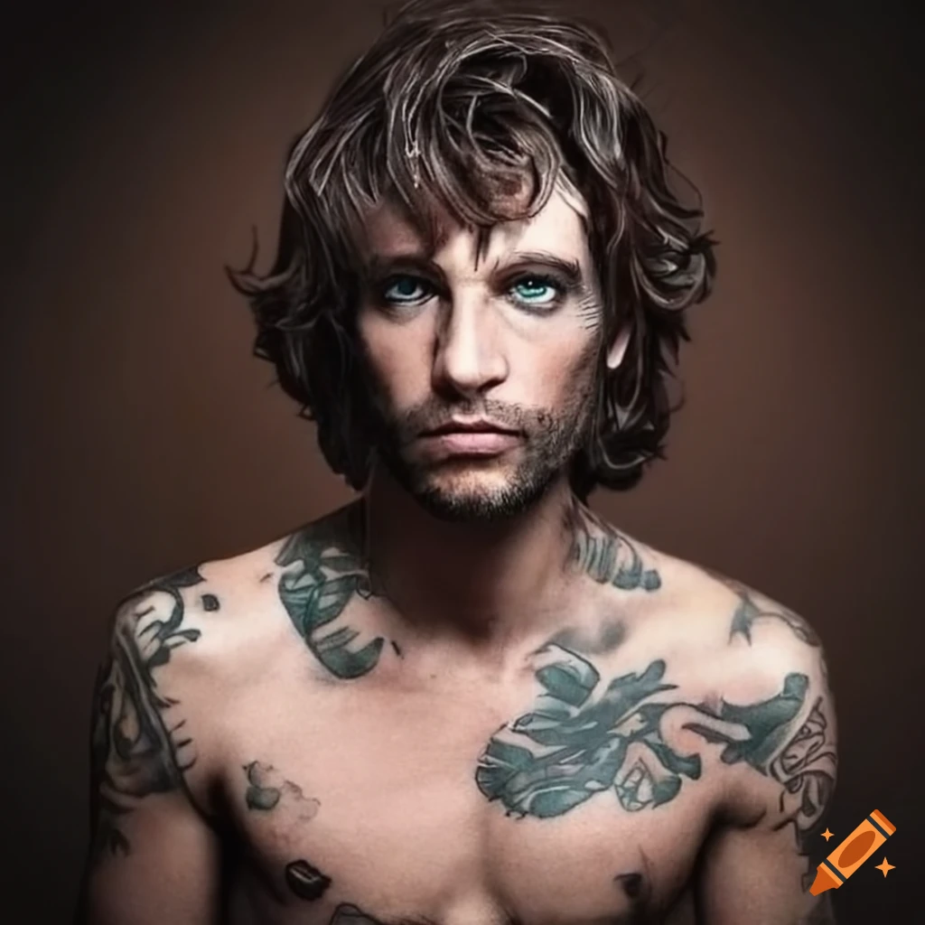 Man with shaggy brown hair, tattoos, and gray eyes on Craiyon