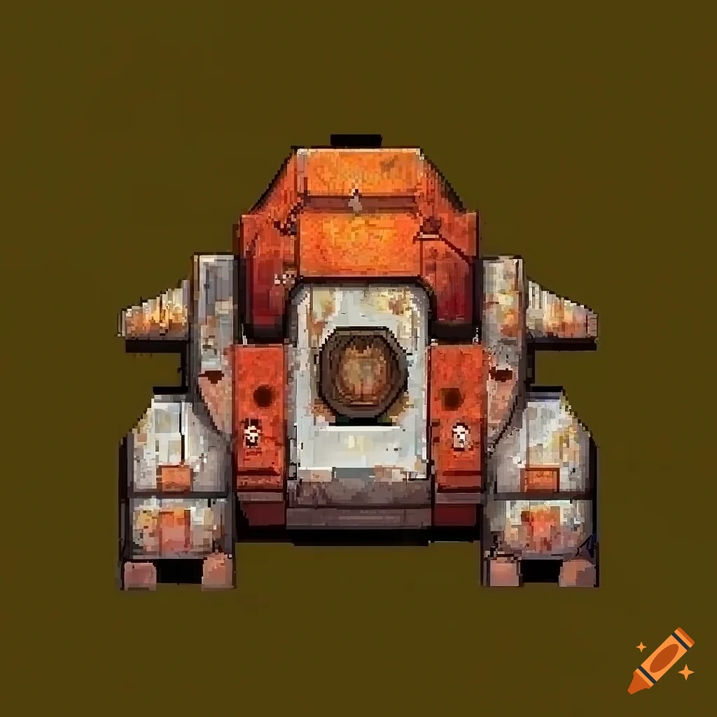 Top-down view of a detailed rusty spaceship in a simple game sprite on ...