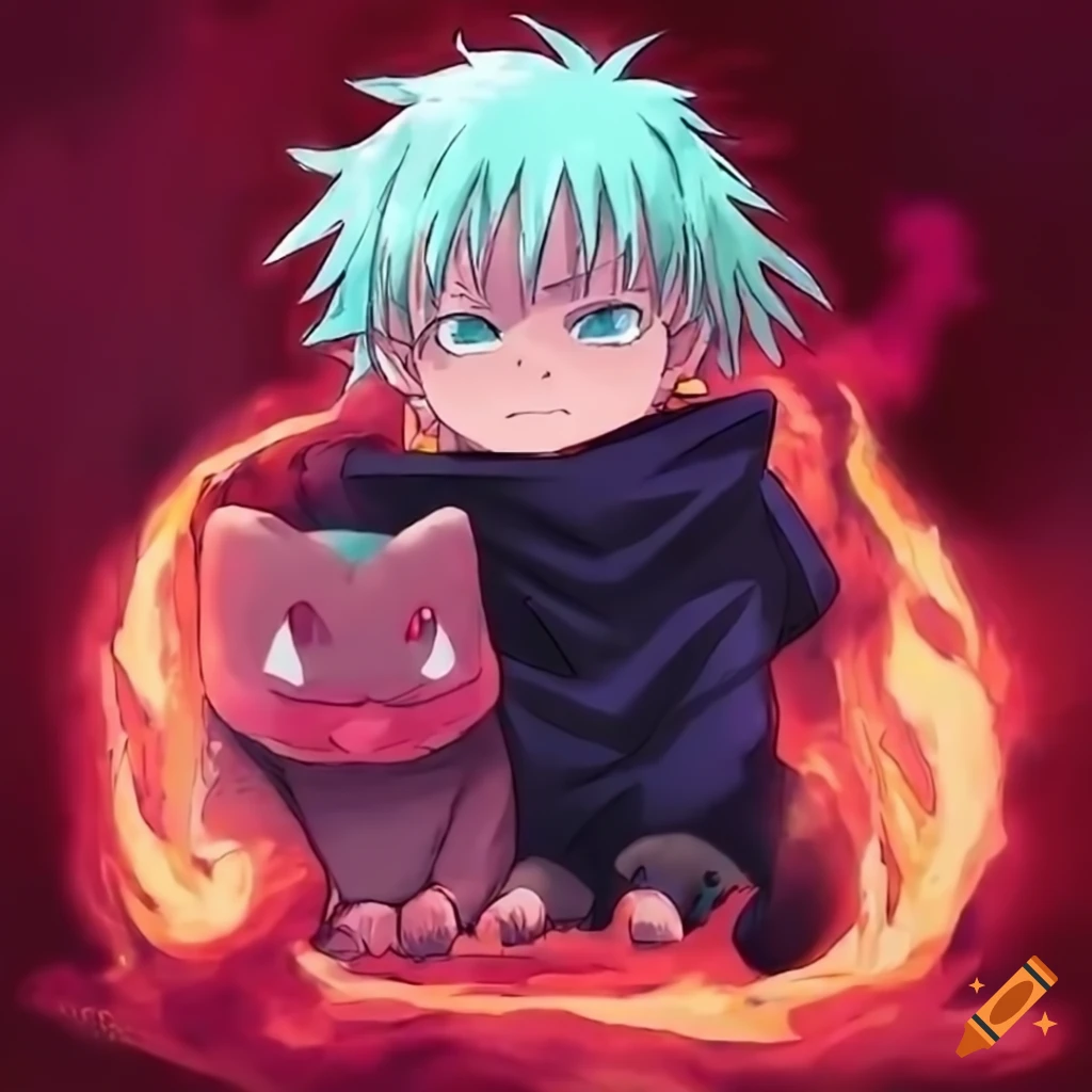 Bulbasaur and Gojo Satoru from Pokémon and Jujutsu Kaisen making a hug ...