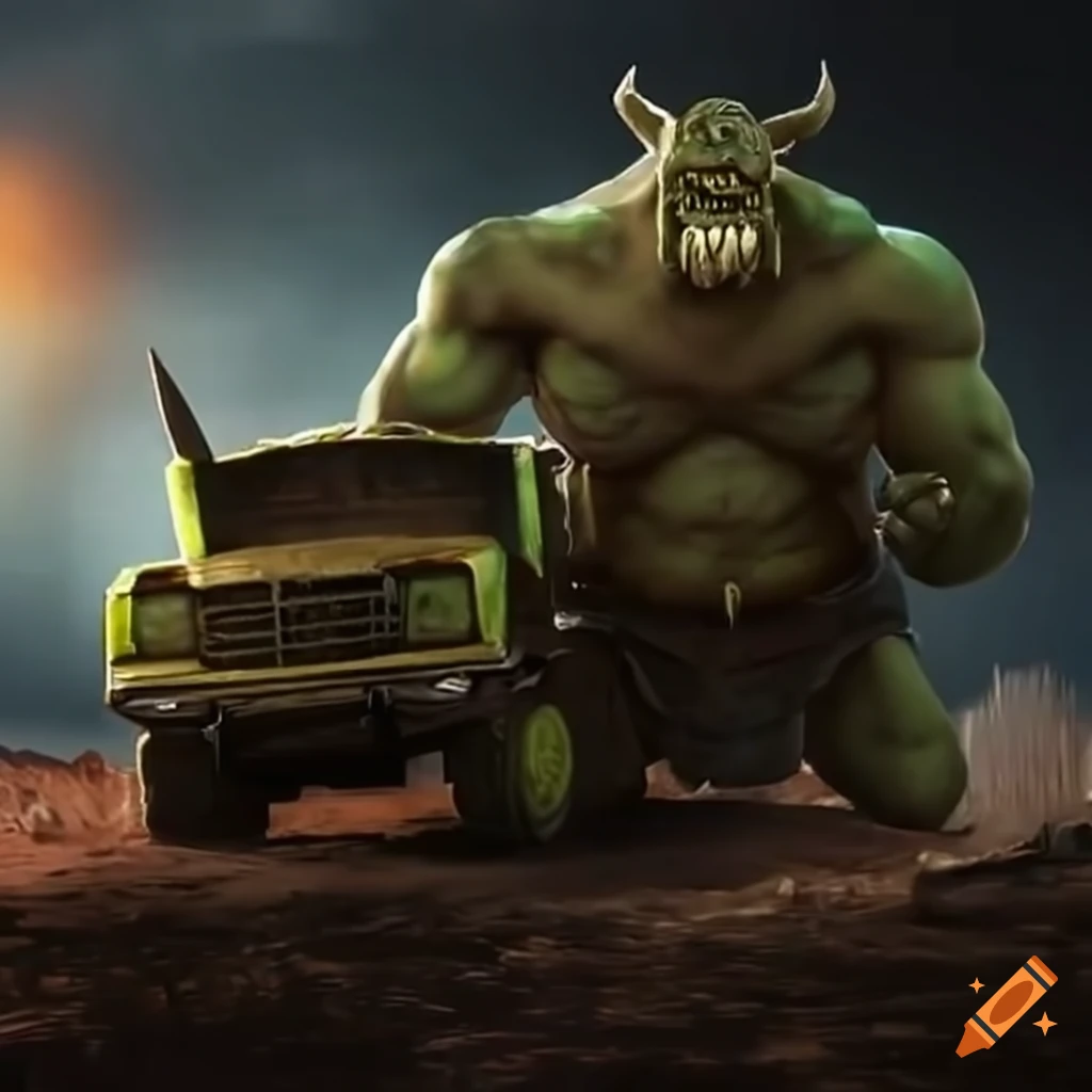 Large orc driving a small truck on Craiyon