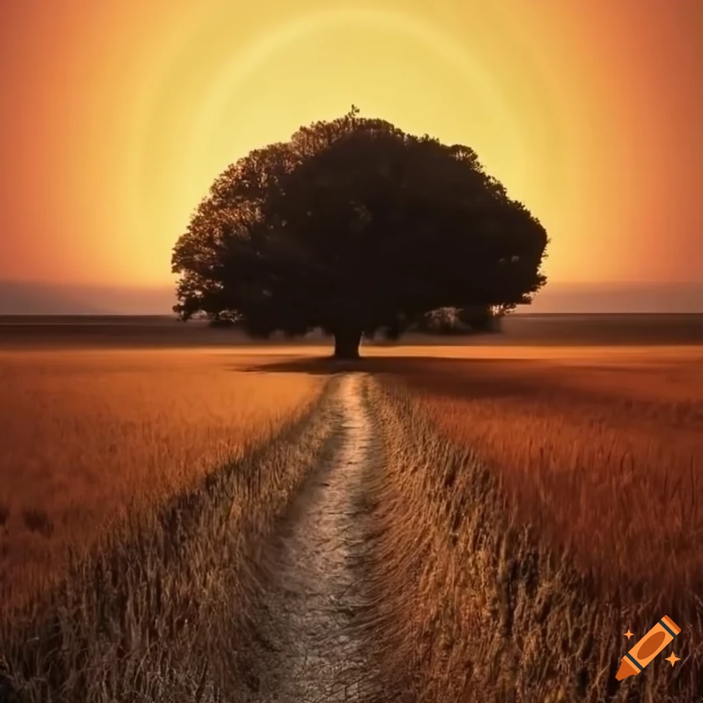 Path through grain fields leading to a tree under the rising sun on Craiyon