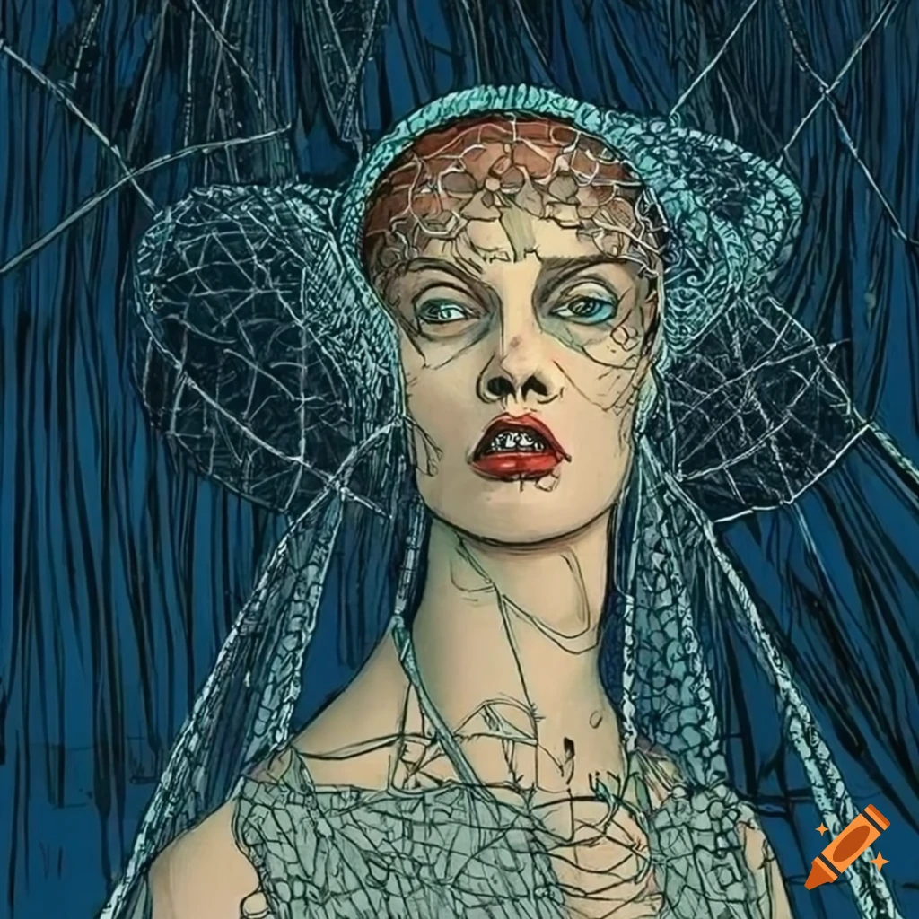 Fisherwoman and net with intricate details in surrealistic comic-style ...