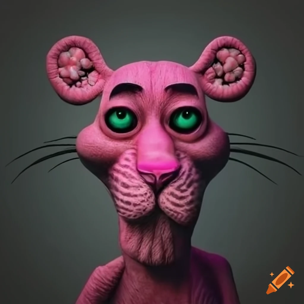 Artistic depiction of pink panther with a creepy surreal style on Craiyon