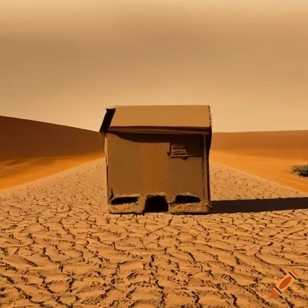 Surreal cardboard box in the middle of a desert road on Craiyon