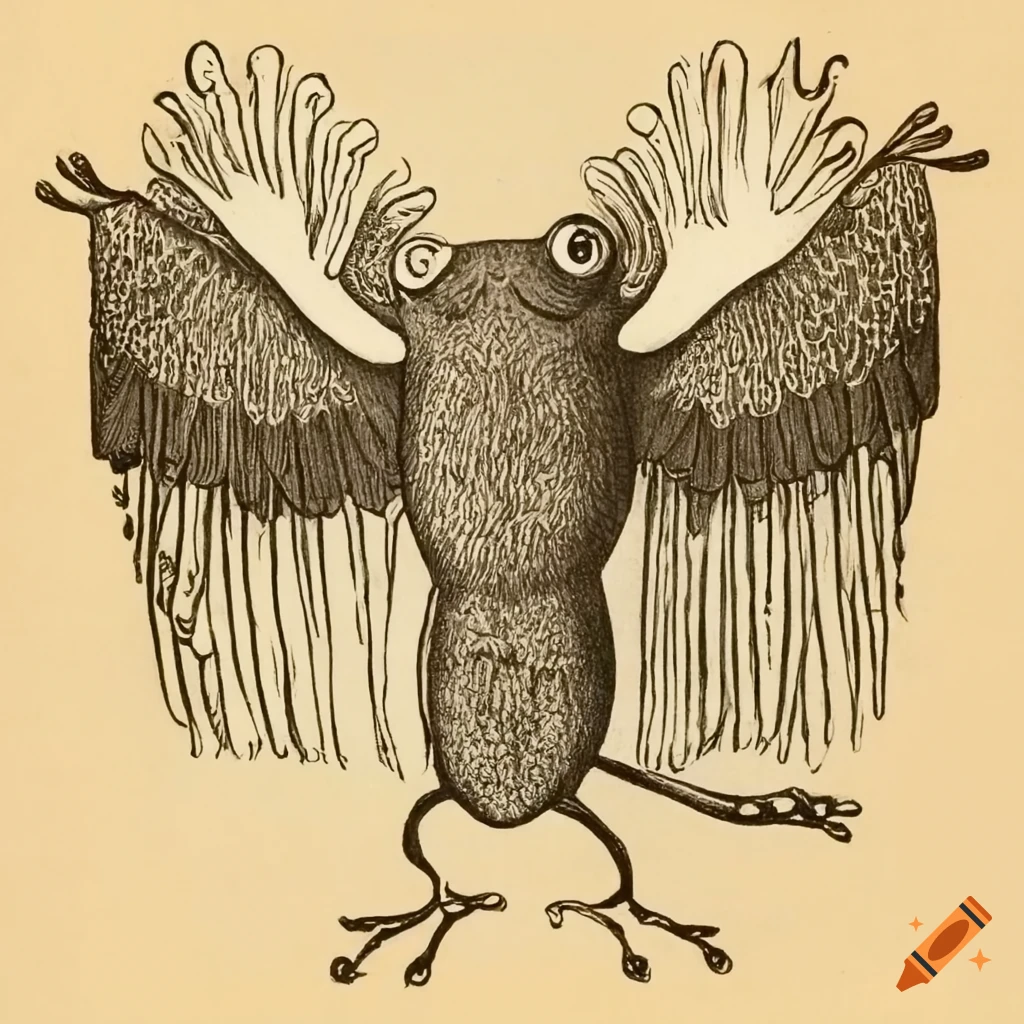 Illustration of winged frog in Theodor Kittelsen style on Craiyon