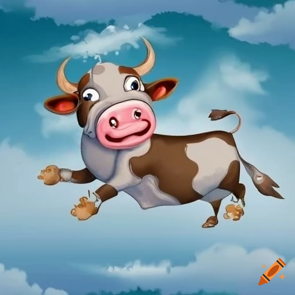 Cartoon cow soaring through the clouds on Craiyon