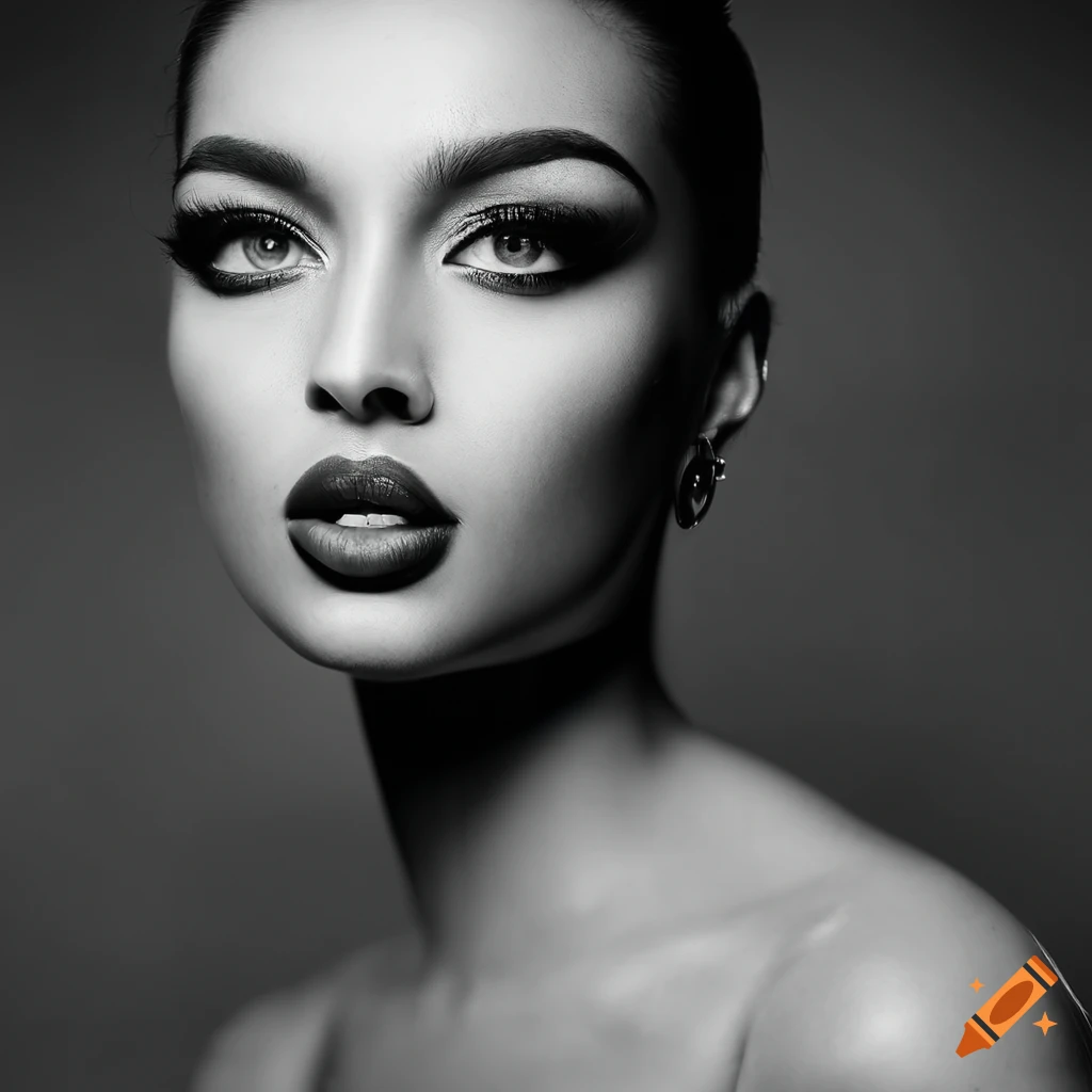 Chic woman with striking pose and complex facial features in black and ...