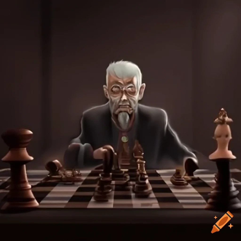 Old man playing a game of chess in dramatic cinematic style on Craiyon